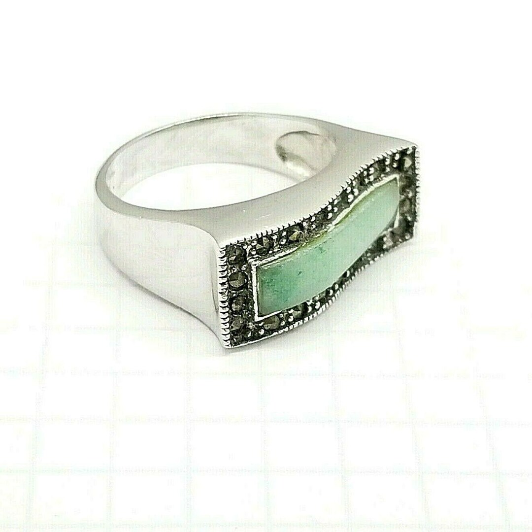 Wavy Elegant Light Green Jade & Marcasite Ring Unisex US Size 2 Options ...