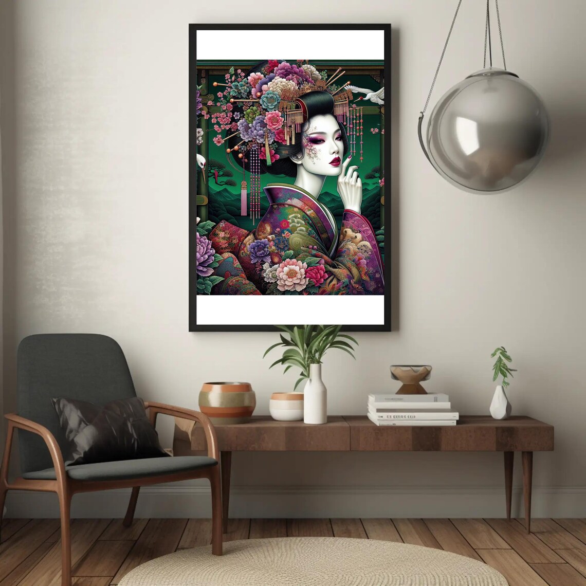 Geisha Art Print Japanese Floral Beauty With Crane & Blossoms, Green ...