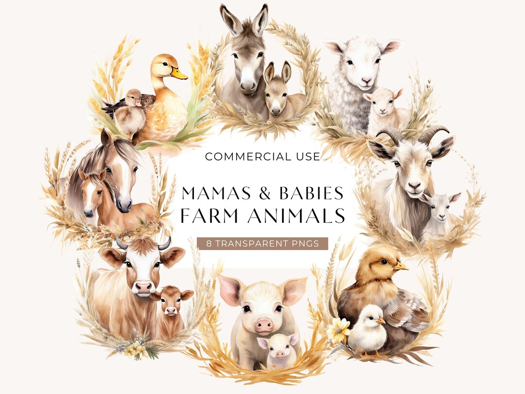 Farm Baby Animal and Mom Clipart, Mothers Day Clip Art, Watercolor Mom ...