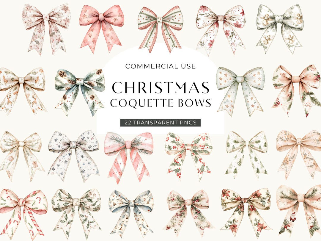 Christmas Coquette Bows Clipart, DIGITAL DOWNLOAD, Watercolor Xmas ...