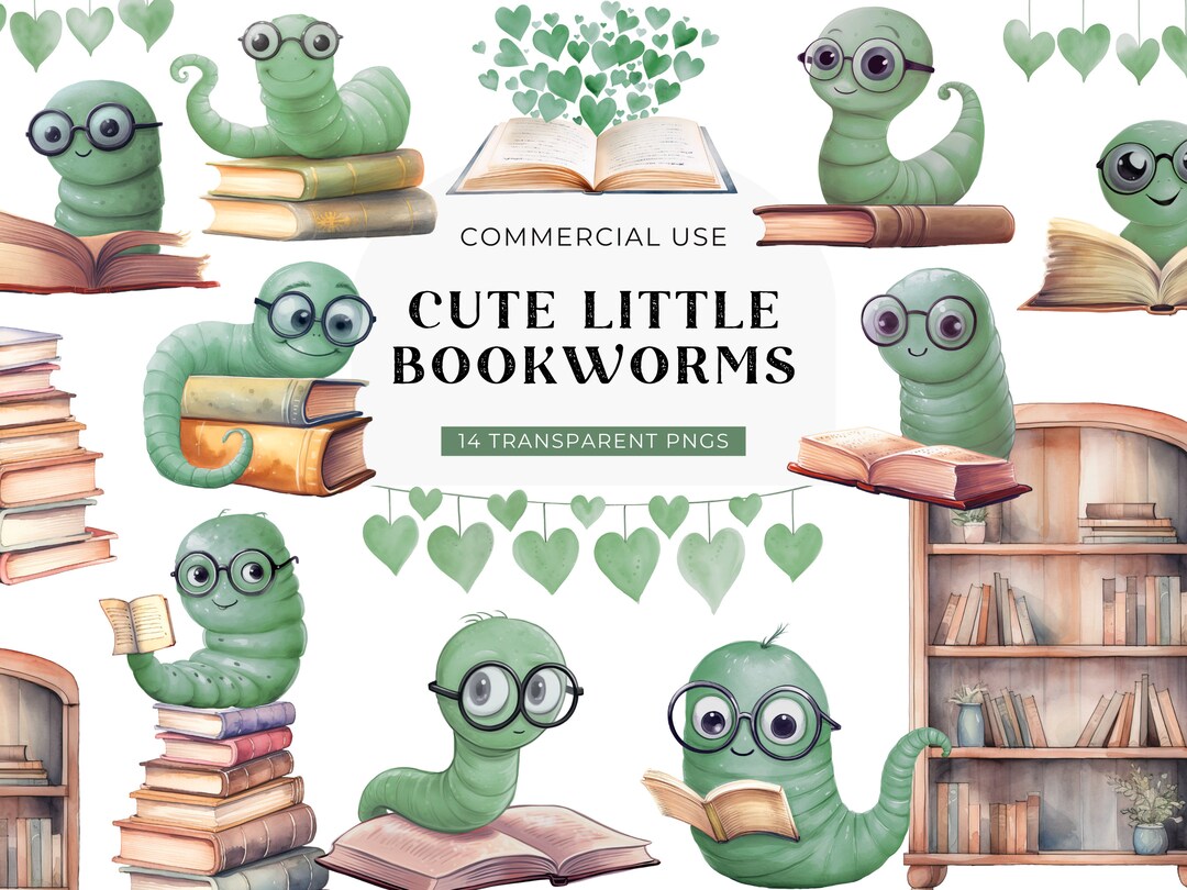 Book Worm Clipart, DIGITAL DOWNLOAD, Cute Bookworm Reading Watercolor ...