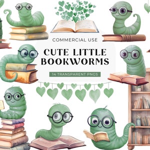 Book Worm Clipart, DIGITAL DOWNLOAD, Cute Bookworm Reading Watercolor ...