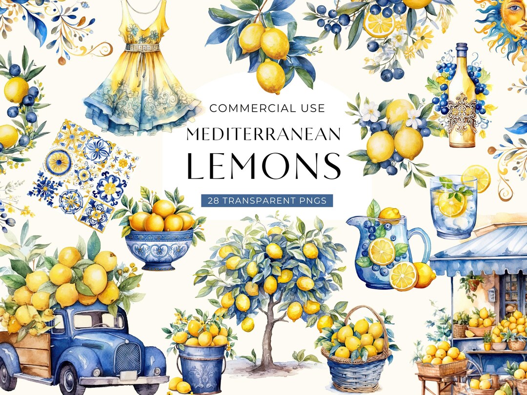 Mediterranean Lemon Clipart, DIGITAL DOWNLOAD, Mediterranean Tile Clip ...