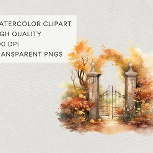 Autumn Gates Clipart, DIGITAL DOWNLOAD, Watercolor Fall Garden Graphics ...