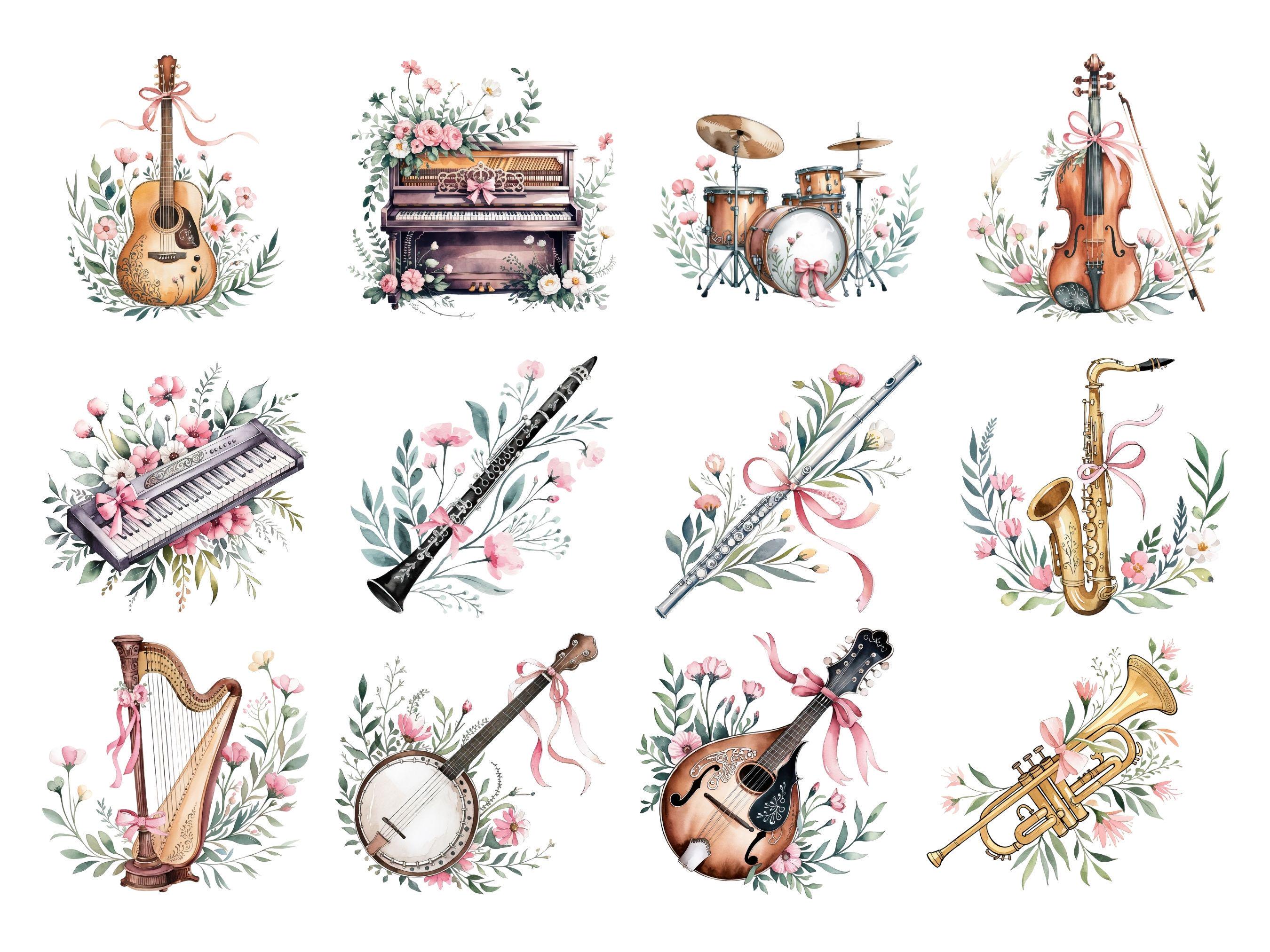 Floral Musical Instruments Clipart, Watercolor Vintage Orchestra Clip ...