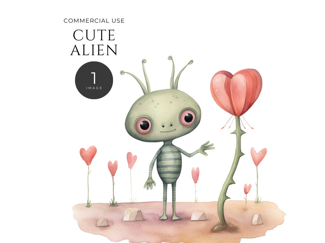 Valentine Alien Clipart, Single Image DIGITAL DOWNLOAD, Cute Watercolor ...