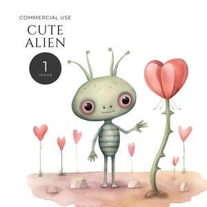 Valentine Alien Clipart, Single Image DIGITAL DOWNLOAD, Cute Watercolor ...