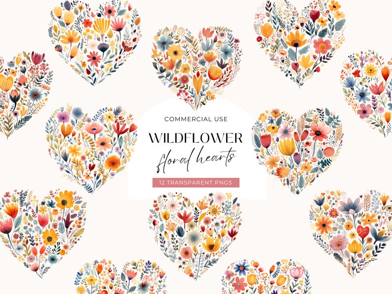 Wildflower Heart Clipart DIGITAL DOWNLOAD Floral Heart With - Etsy