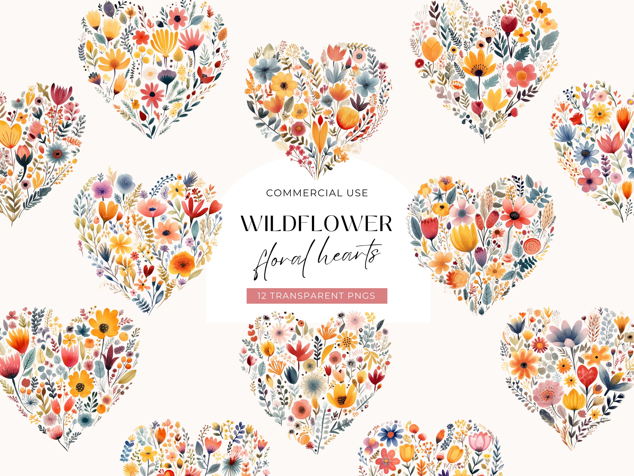 Wildflower Heart Clipart DIGITAL DOWNLOAD Floral Heart With - Etsy