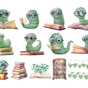 Book Worm Clipart, DIGITAL DOWNLOAD, Cute Bookworm Reading Watercolor ...