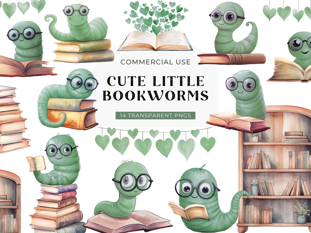 Book Worm Clipart, DIGITAL DOWNLOAD, Cute Bookworm Reading Watercolor ...