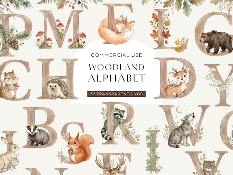 Woodland Alphabet Clipart, Forest Animal Letter Clip Art, Watercolor ...