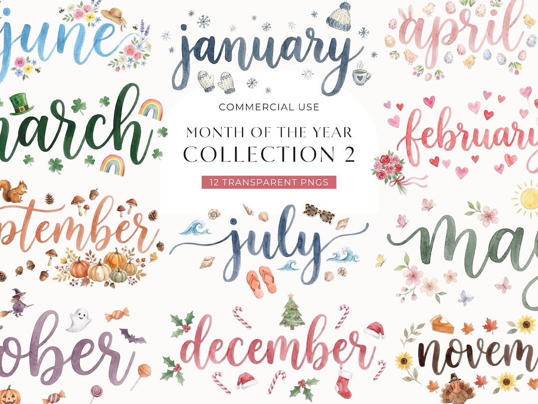 Months of the Year Watercolor Clipart, Planner Graphics, Calendar ...