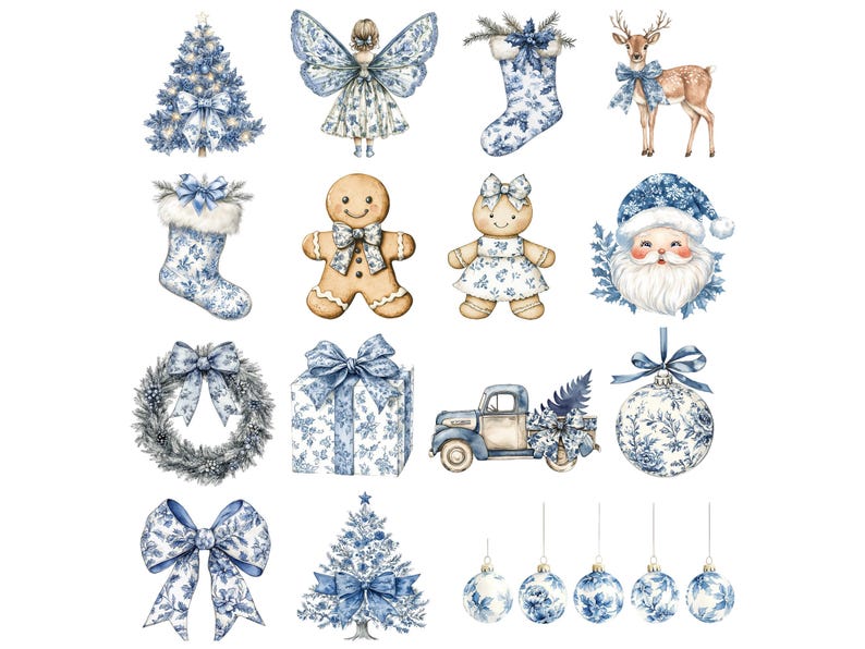 Grandmillennial Christmas Clipart Blue, DIGITAL DOWNLOAD, Watercolor ...