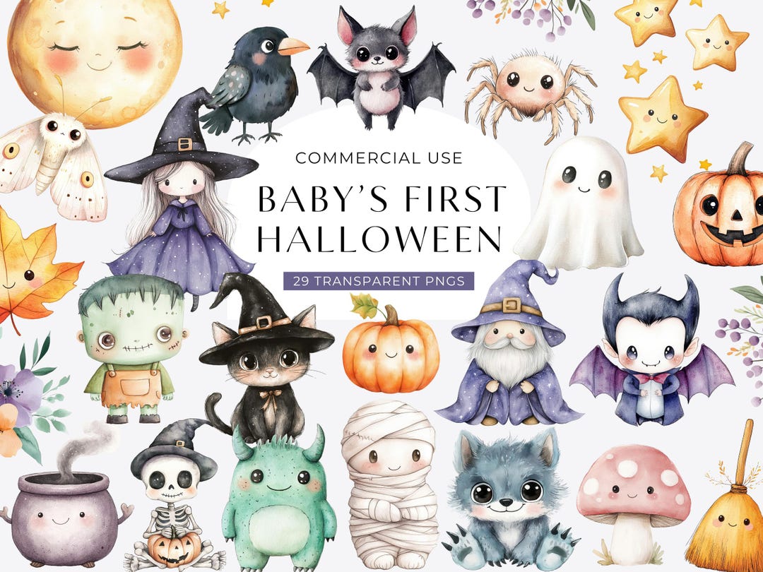 Baby First Halloween Clipart DIGITAL DOWNLOAD, Cute Kawaii Watercolor ...