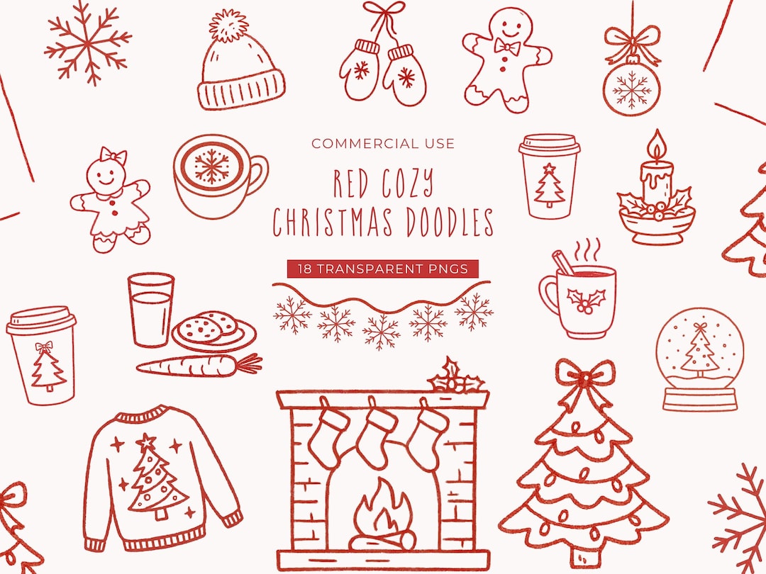 Cozy Christmas Doodle Clipart, Cute Hand Drawn Xmas Clip Art, Red ...
