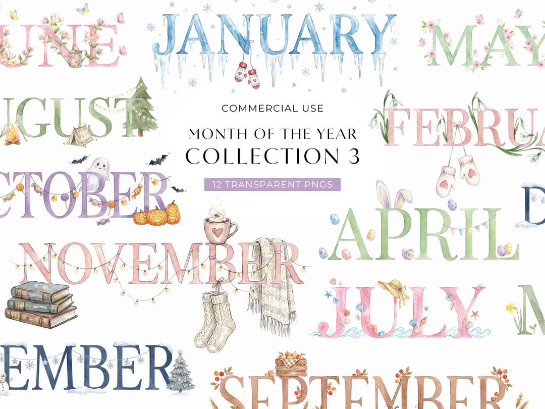 Months of Year Clipart, Watercolor Monthly Word Clip Art, Calendar ...