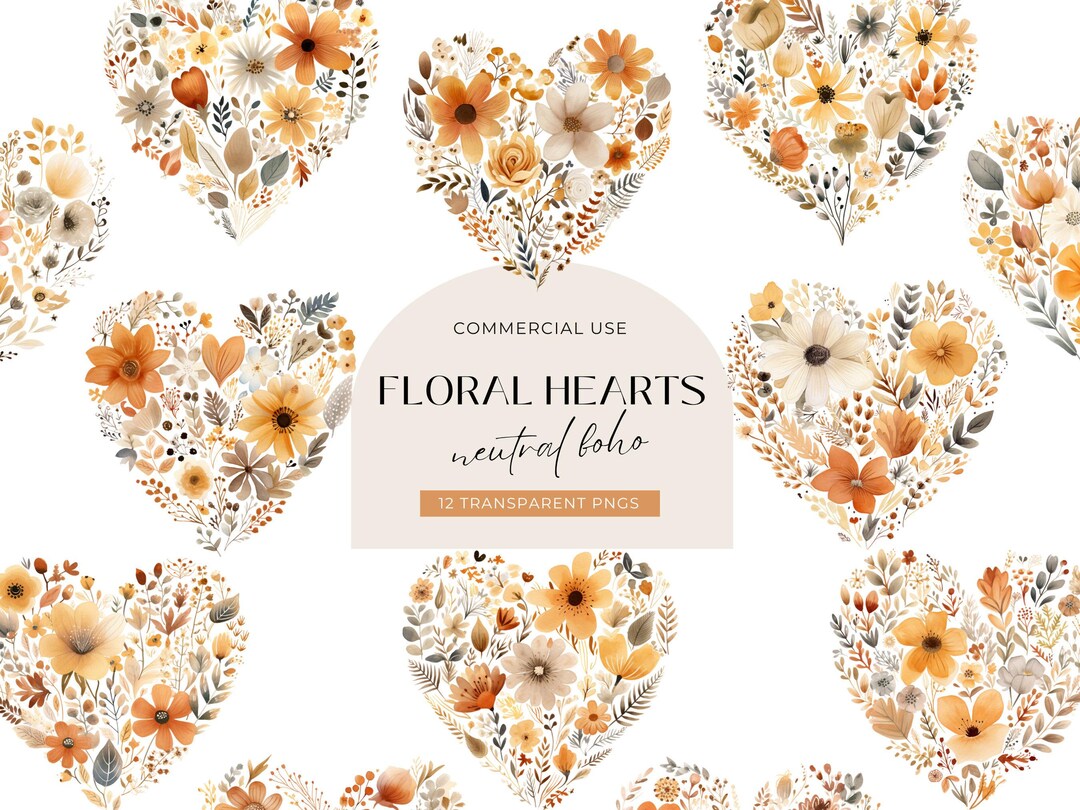 Boho Floral Heart Clipart, DIGITAL DOWNLOAD, Heart With Flowers ...