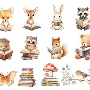 Animals Reading Books Clipart, DIGITAL DOWNLOAD, Cute Baby Woodland ...