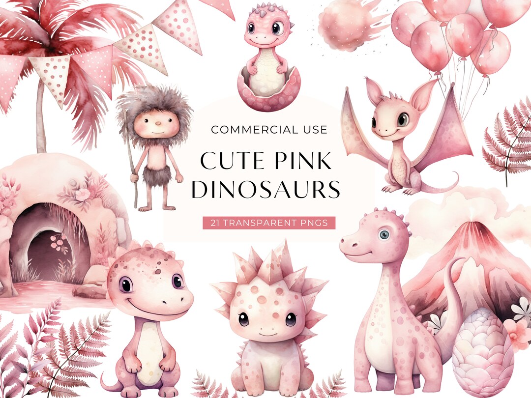 Pink Dinosaur Clipart, DIGITAL DOWNLOAD, Cute Girly Watercolor Dinosaur ...