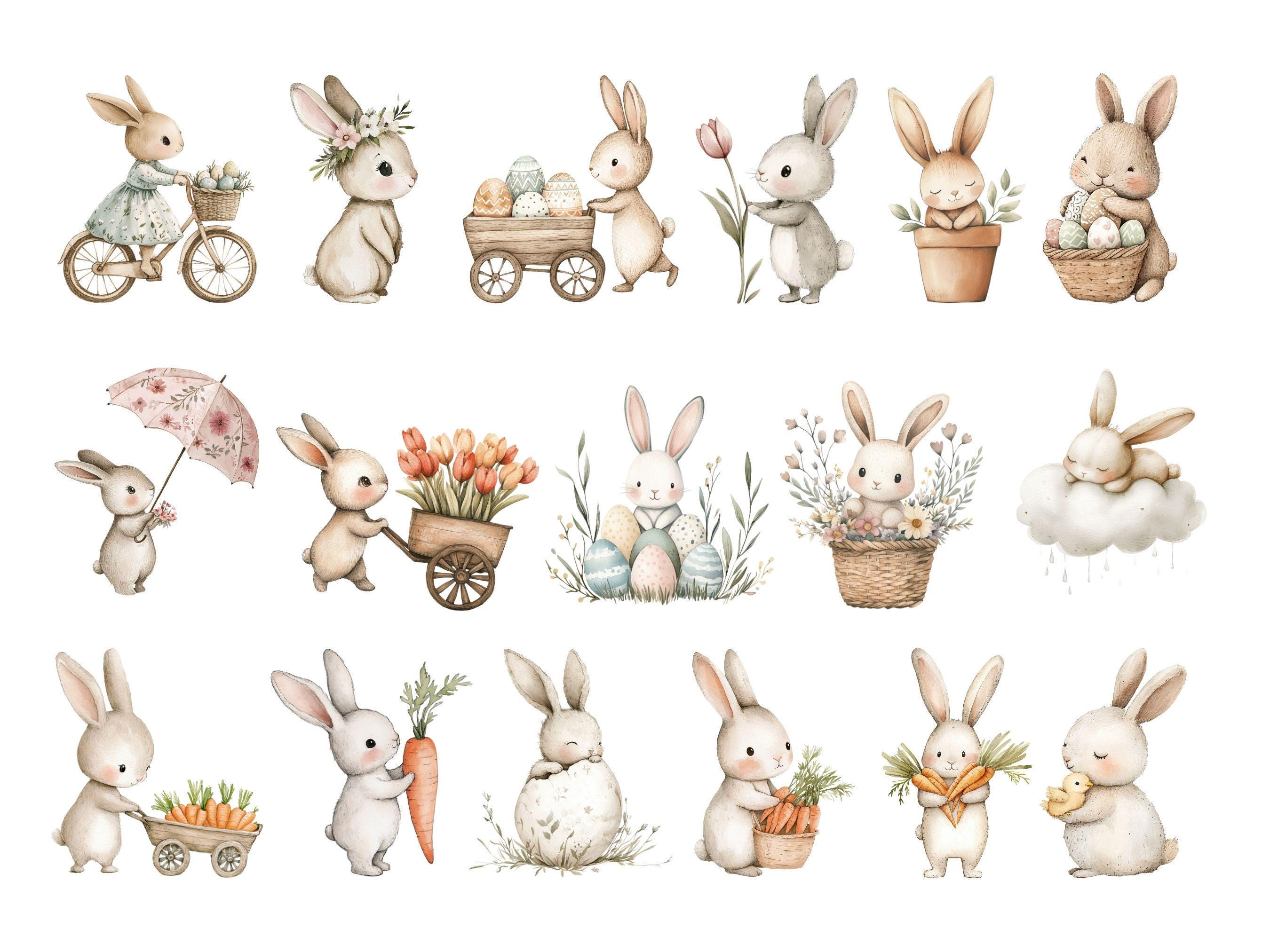 Boho Easter Bunny Clipart, Cute Whimsical Bunny Clip Art, Watercolor ...