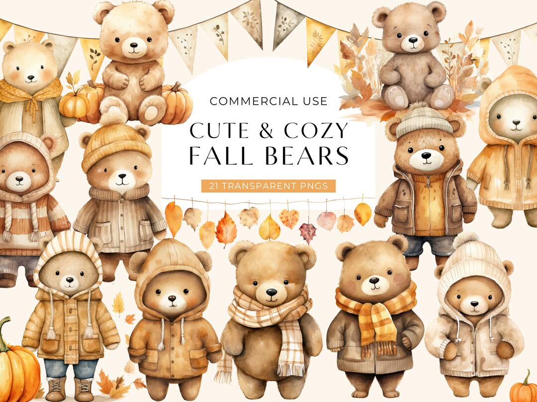 Cute Fall Bear Clipart, DIGITAL DOWNLOAD, October Teddy Bear Baby ...