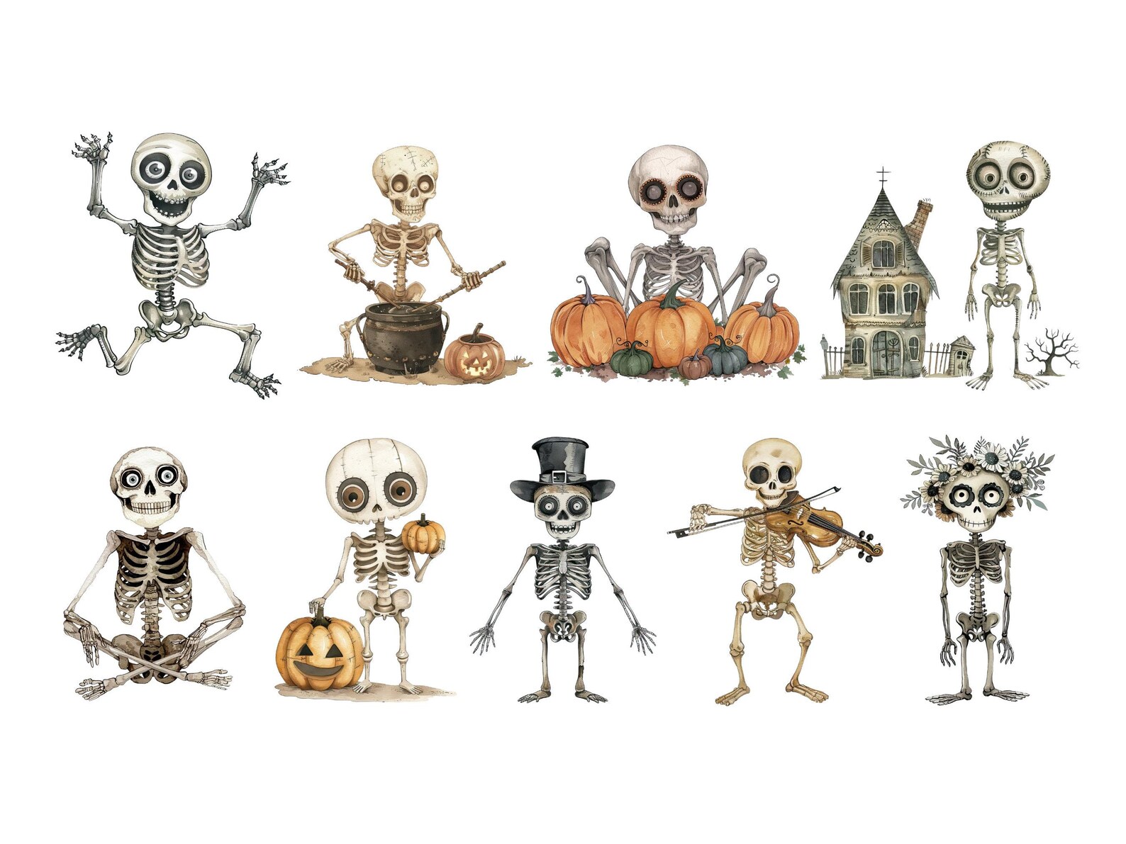 Funny Skeleton Clipart, DIGITAL DOWNLOAD, Quirky Cute Halloween Clip ...
