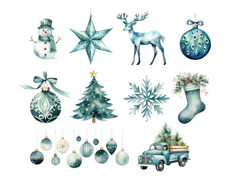 Teal Christmas Clipart, DIGITAL DOWNLOAD, Watercolor Hanging Ornament ...