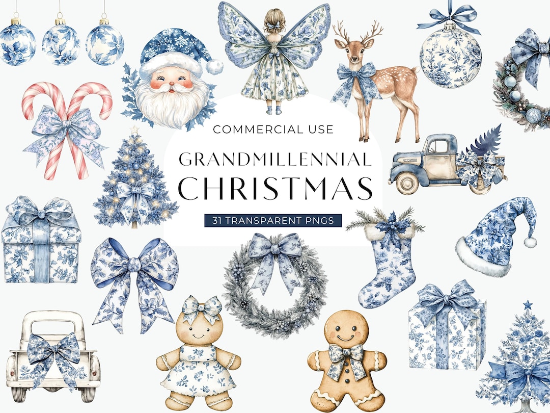 Grandmillennial Christmas Clipart Blue, DIGITAL DOWNLOAD, Watercolor ...
