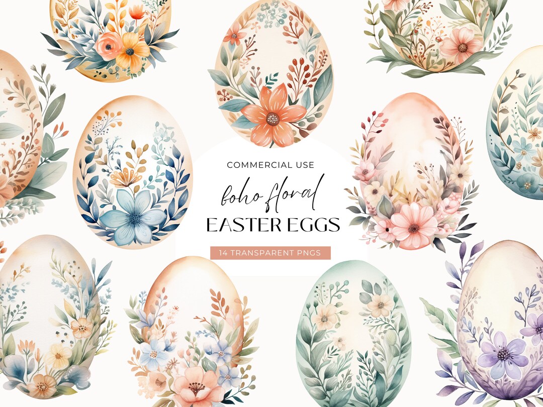 Floral Watercolor Easter Eggs Clipart, DIGITAL DOWNLOAD, Boho Flowers ...