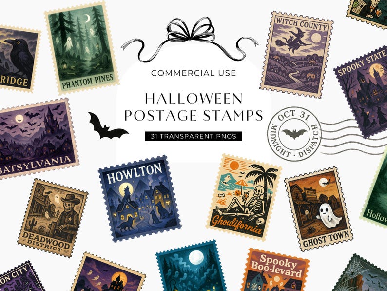 Halloween Postage Stamps Clipart, Fall Shirt PNG, Spooky Season Clip ...