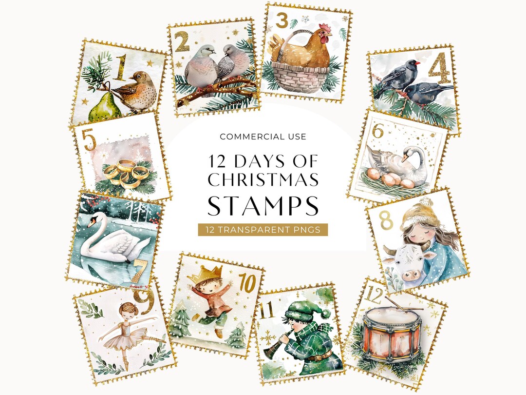 Christmas Postage Stamps Clipart, DIGITAL DOWNLOAD, 12 Days of ...