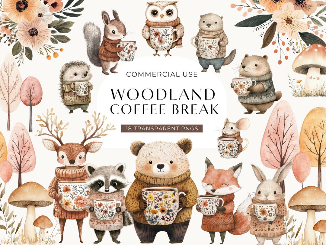 Woodland Animals With Coffee Clipart, DIGITAL DOWNLOAD, Cute Coffee ...
