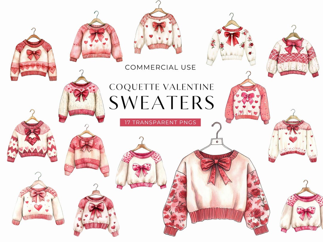 Coquette Valentine Sweater Clipart, Cute Watercolor Valentine Bows ...