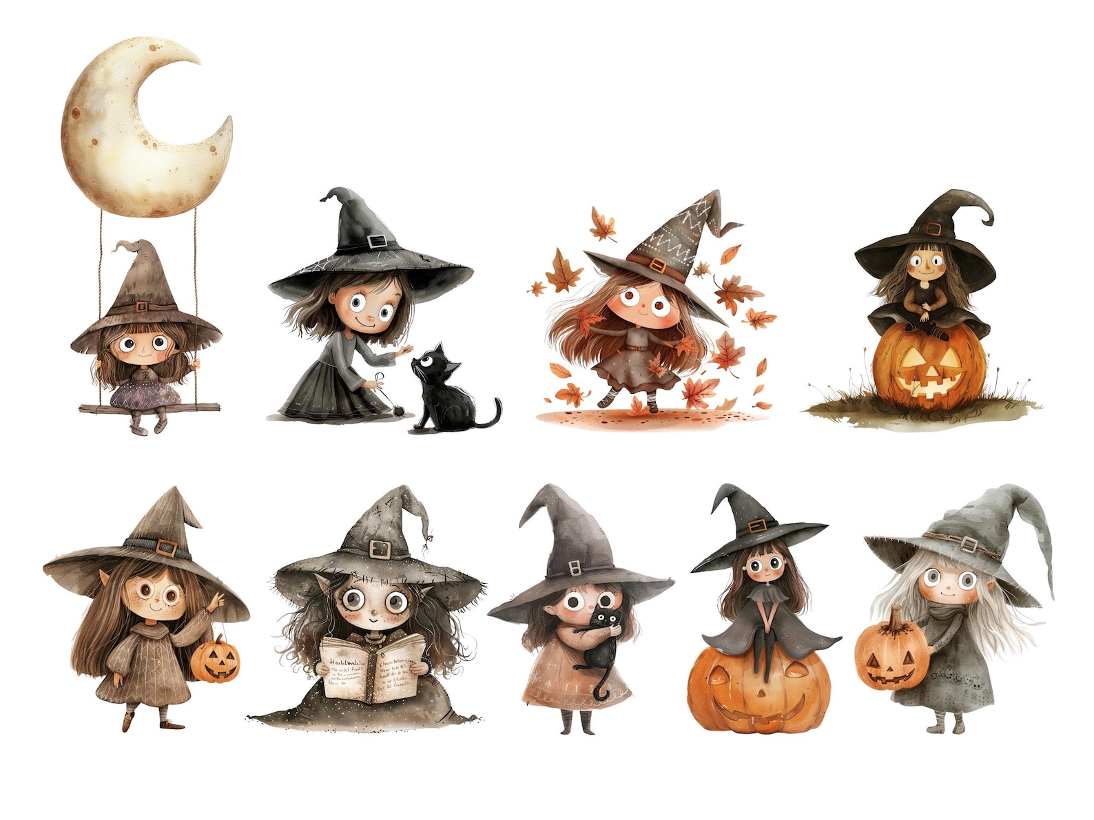 Quirky Cute Witch Clipart, DIGITAL DOWNLOAD, Watercolor Halloween Clip ...