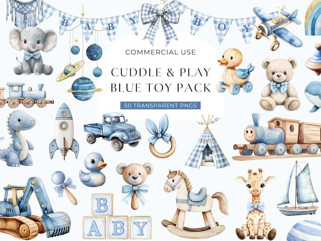 Baby Boy Toys Clipart, Cute Blue Watercolor Nursery Clip Art, Boy Baby ...