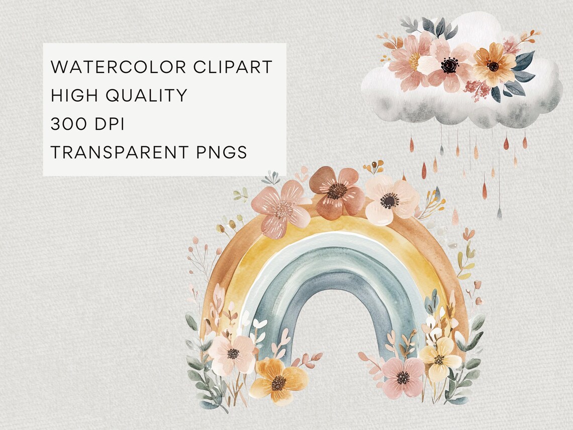 Boho Rainbow Watercolor Clipart, DIGITAL DOWNLOAD, Floral Rainbow Clip ...