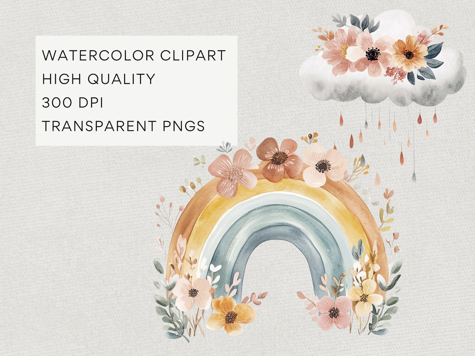 Boho Rainbow Watercolor Clipart, DIGITAL DOWNLOAD, Floral Rainbow Clip ...