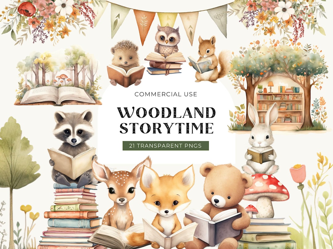 Animals Reading Books Clipart, DIGITAL DOWNLOAD, Cute Baby Woodland ...