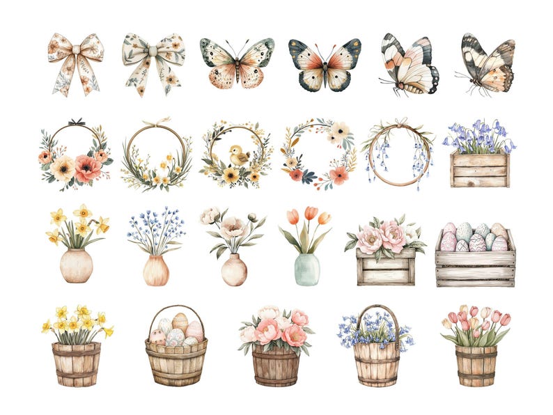 Rustic Easter Clipart, Watercolor Neutral Floral Spring Clip Art, Cute ...