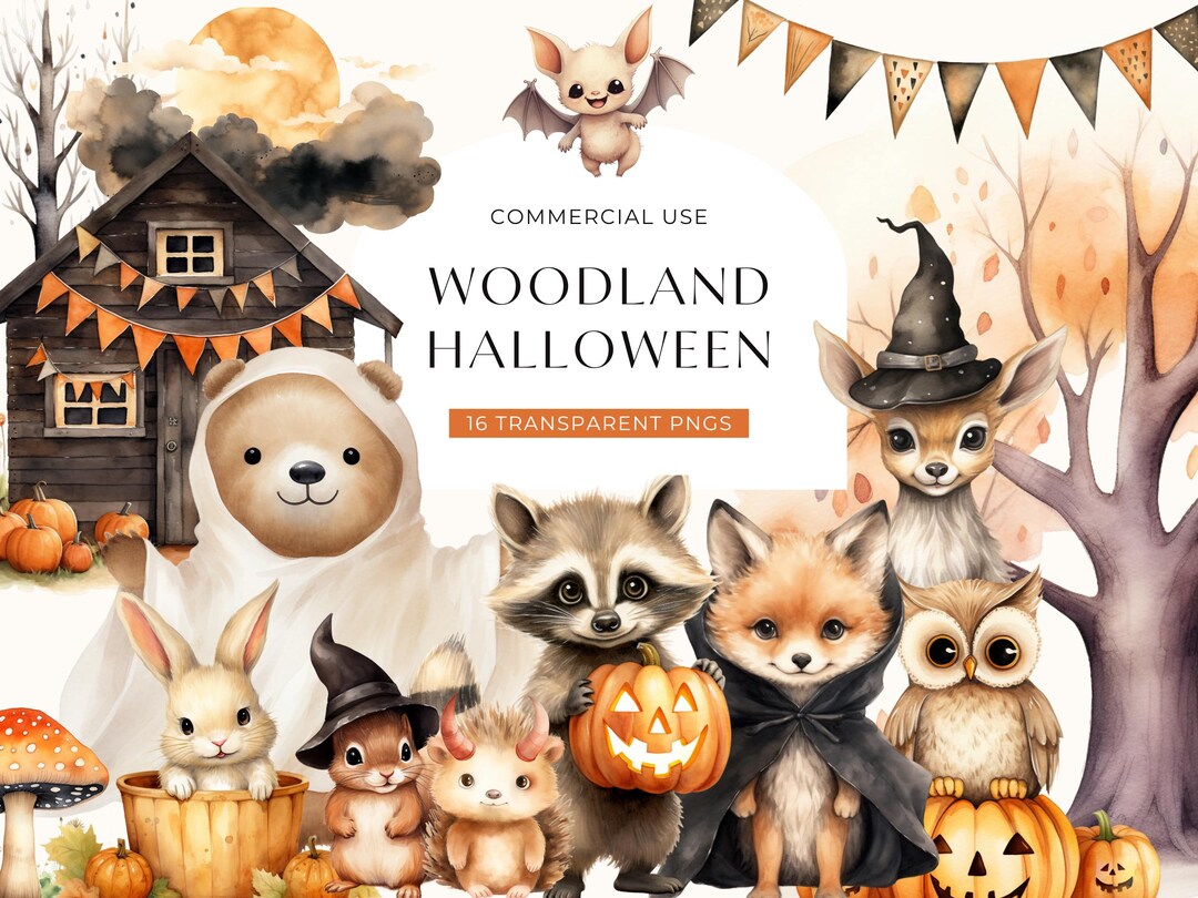 Woodland Halloween Clipart, DIGITAL DOWNLOAD, Cute Spooky Forest ...