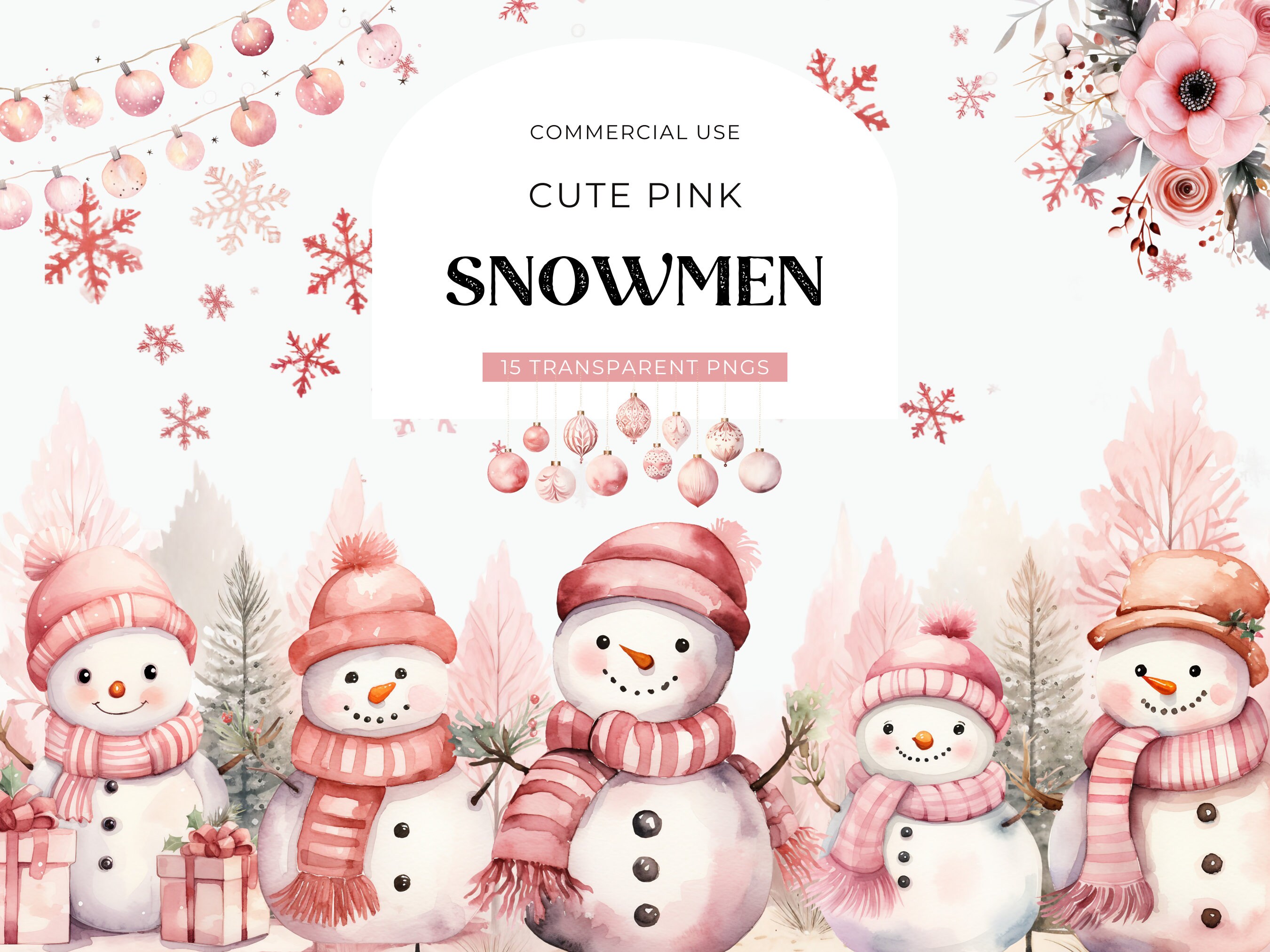 Pink Christmas Snowman Clipart, DIGITAL DOWNLOAD, Cute Snowman Clipart ...
