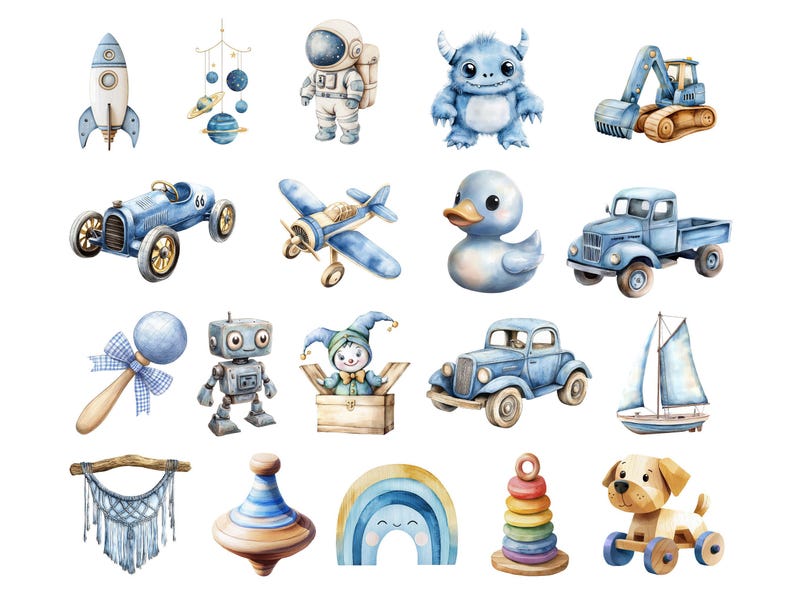Baby Boy Toys Clipart, Cute Blue Watercolor Nursery Clip Art, Boy Baby ...