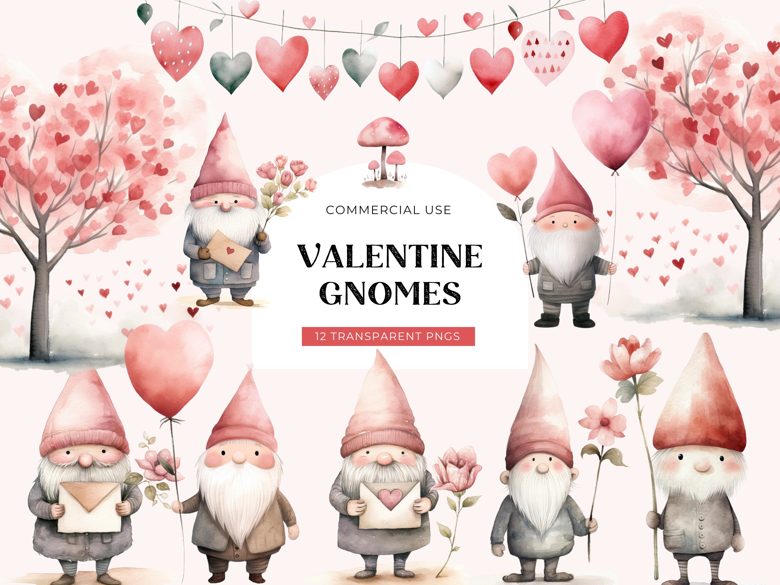 Cute Valentine Gnome Clipart, DIGITAL DOWNLOAD, Watercolor Pastel ...