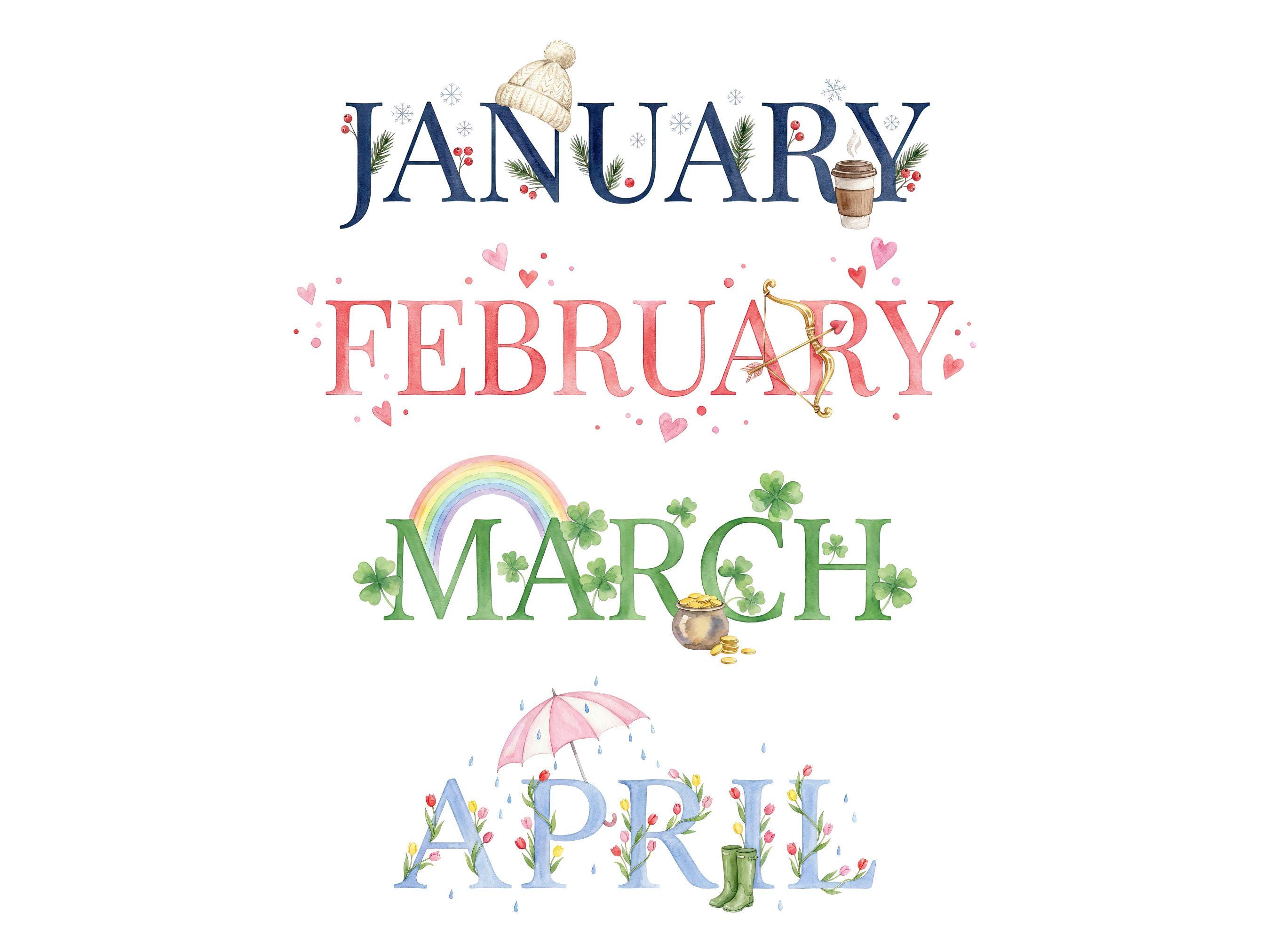Months of the Year Clipart, Watercolor Planner Clip Art Graphics ...