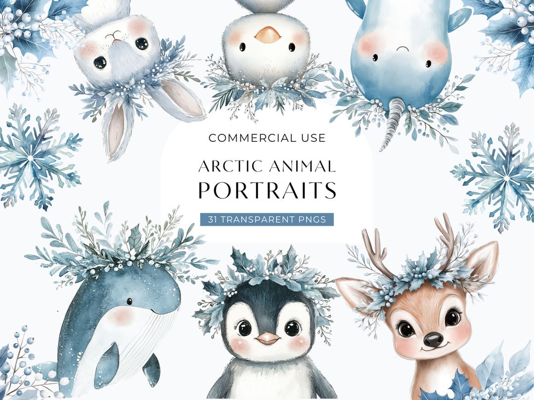 Arctic Animal Portrait Clipart, Cute Baby Animal Faces Clip Art, Winter ...