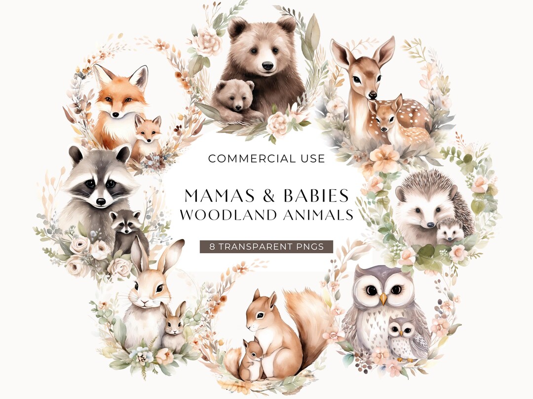 Baby Animal and Mom Clipart, DIGITAL DOWNLOAD, Woodland Mama Clip Art ...