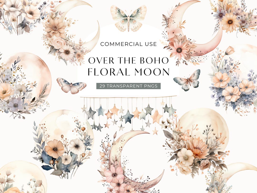 Watercolor Floral Moons Clipart, DIGITAL DOWNLOAD, Celestial Boho ...