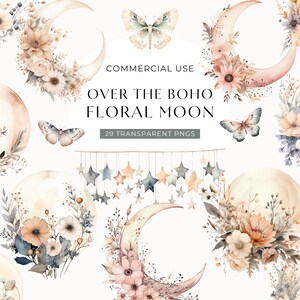 Watercolor Floral Moons Clipart, DIGITAL DOWNLOAD, Celestial Boho ...