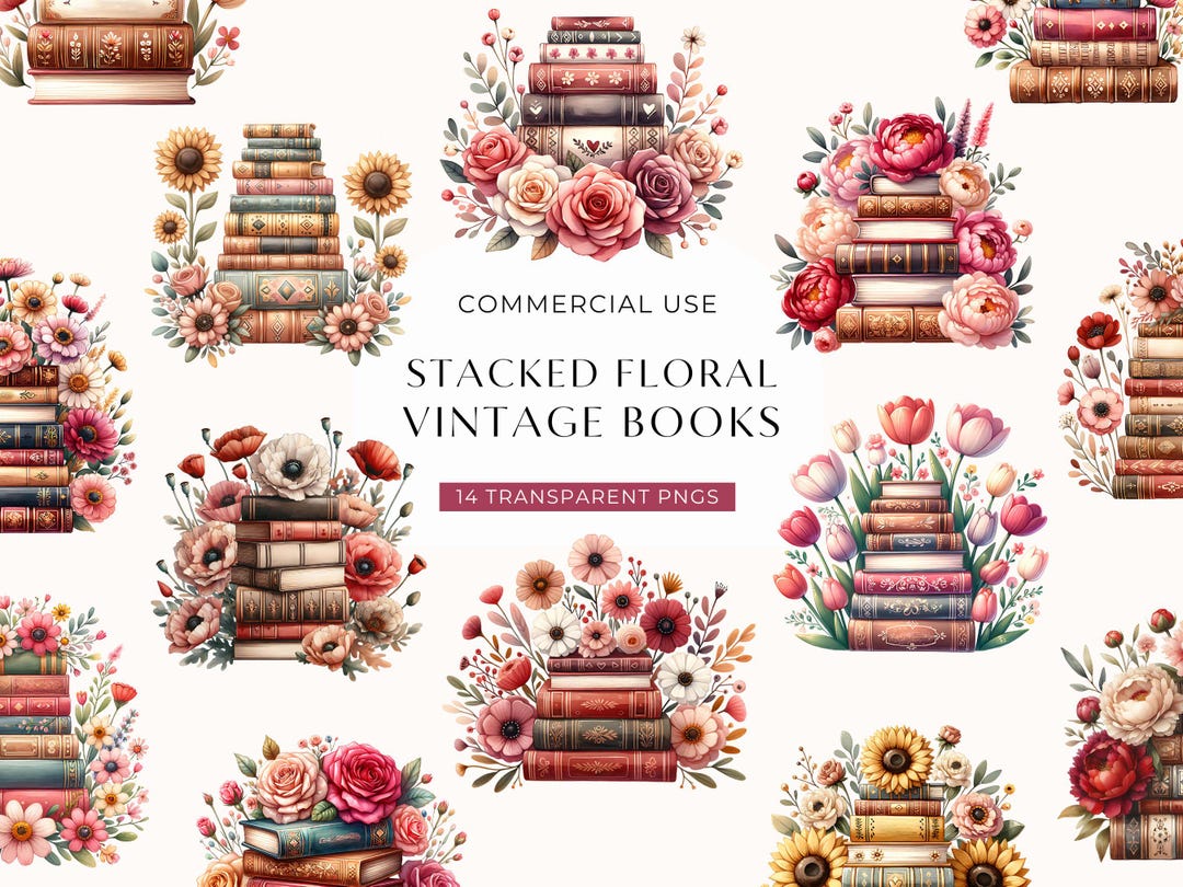 Stacked Floral Books Clipart, Watercolor Stack of Vintage Books and ...